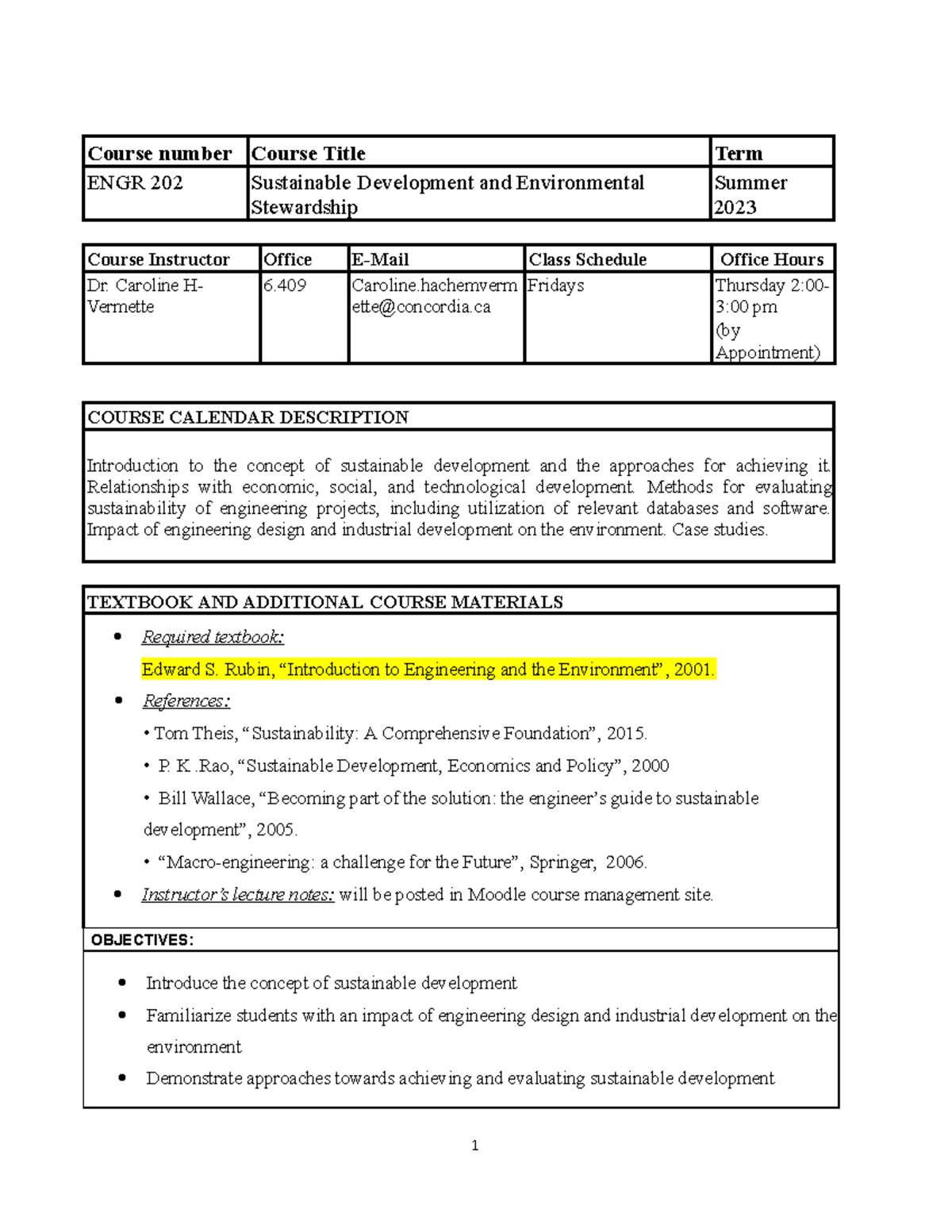 Course Outline ENGR 202 -summer 2023 - Course number Course Title Term ENGR 202 Sustainable ...