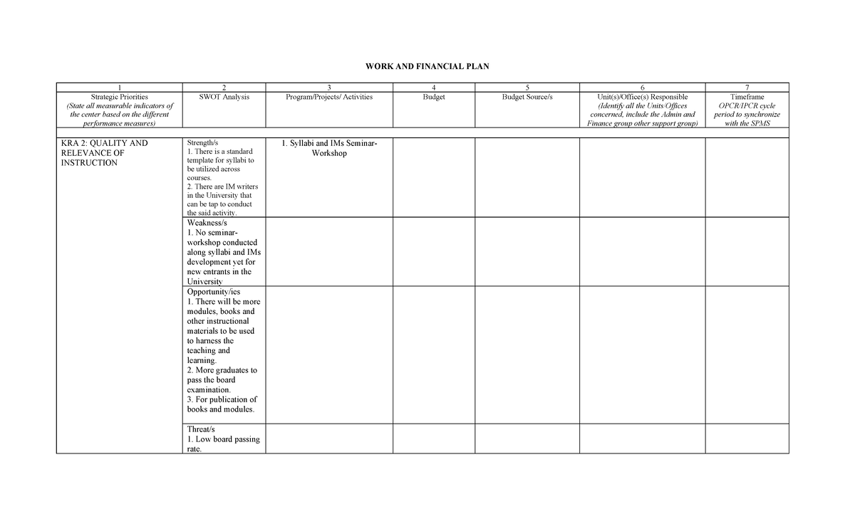 Work-and-Financial-Plan-template - WORK AND FINANCIAL PLAN 1 2 3 4 5 6 ...