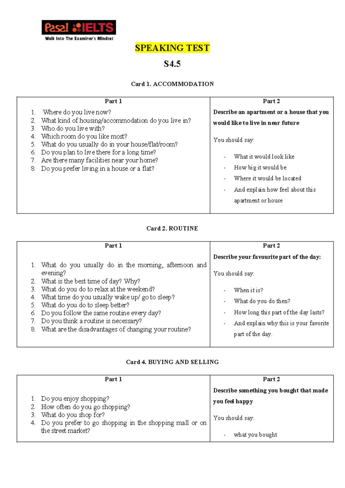 Speaking-TEST-2 - Speaking - SPEAKING TEST S4. Card 1. ACCOMMODATION ...