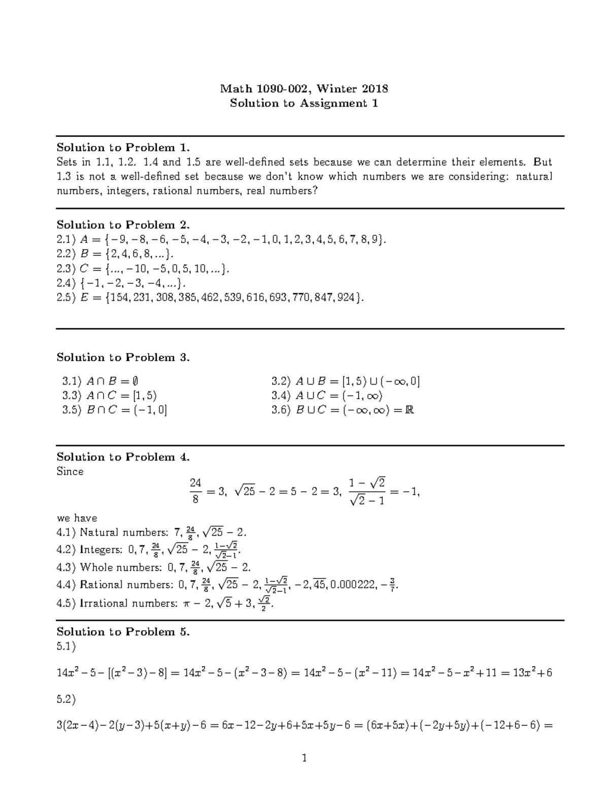 Solution to Assignment 1 - Math 1090-002, Winter 2018 Solution to Assignment 1 Solution to ...