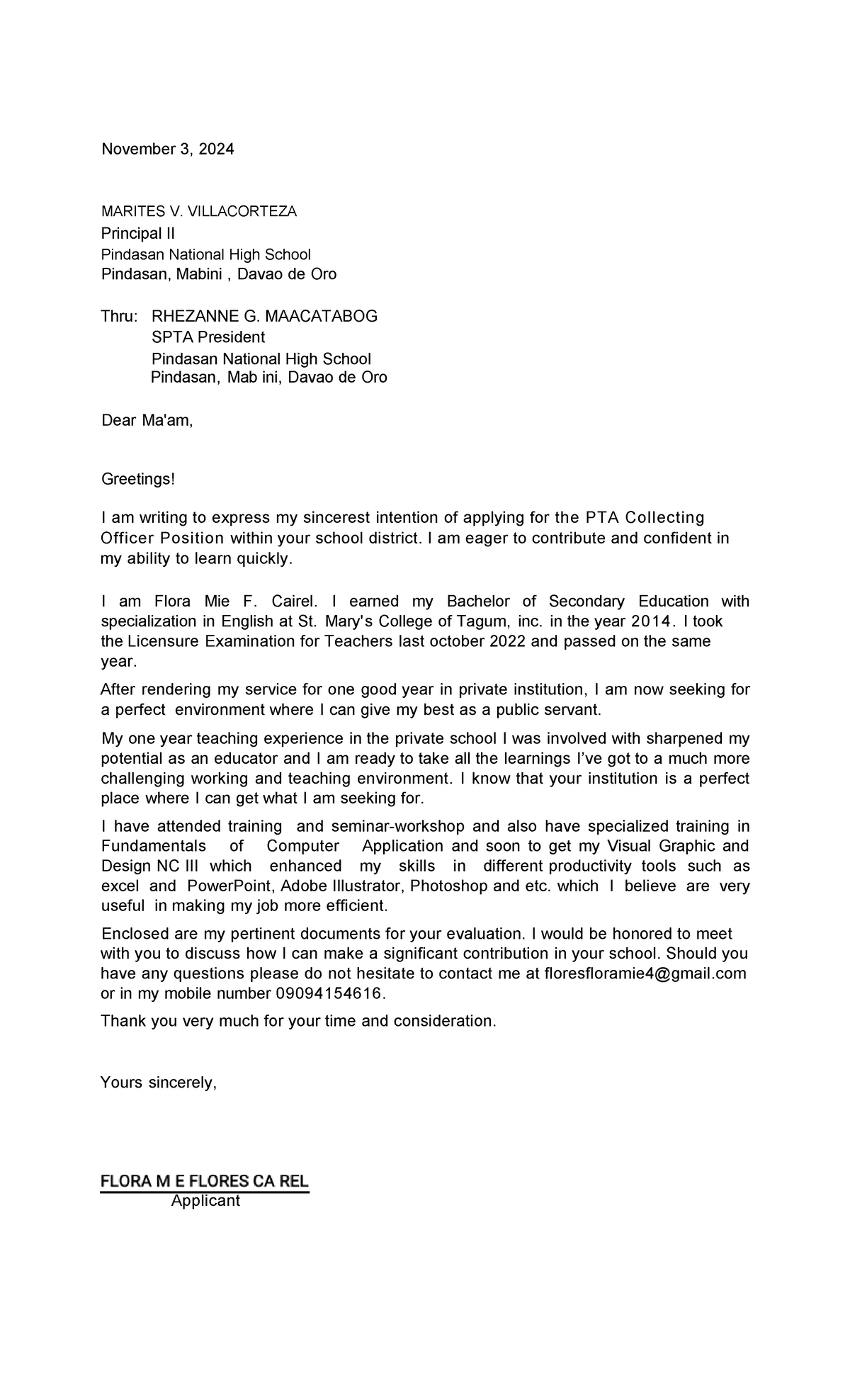 PTA CO Application Letter - November 3, 2024 MARITES V. VILLACORTEZA ...