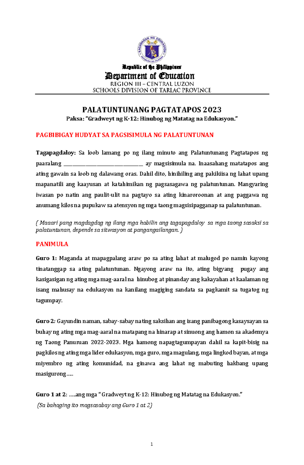 Iskrip SA Palatuntunang Pagtatapos 2023 Pinal NA SIPI - Republic of the ...