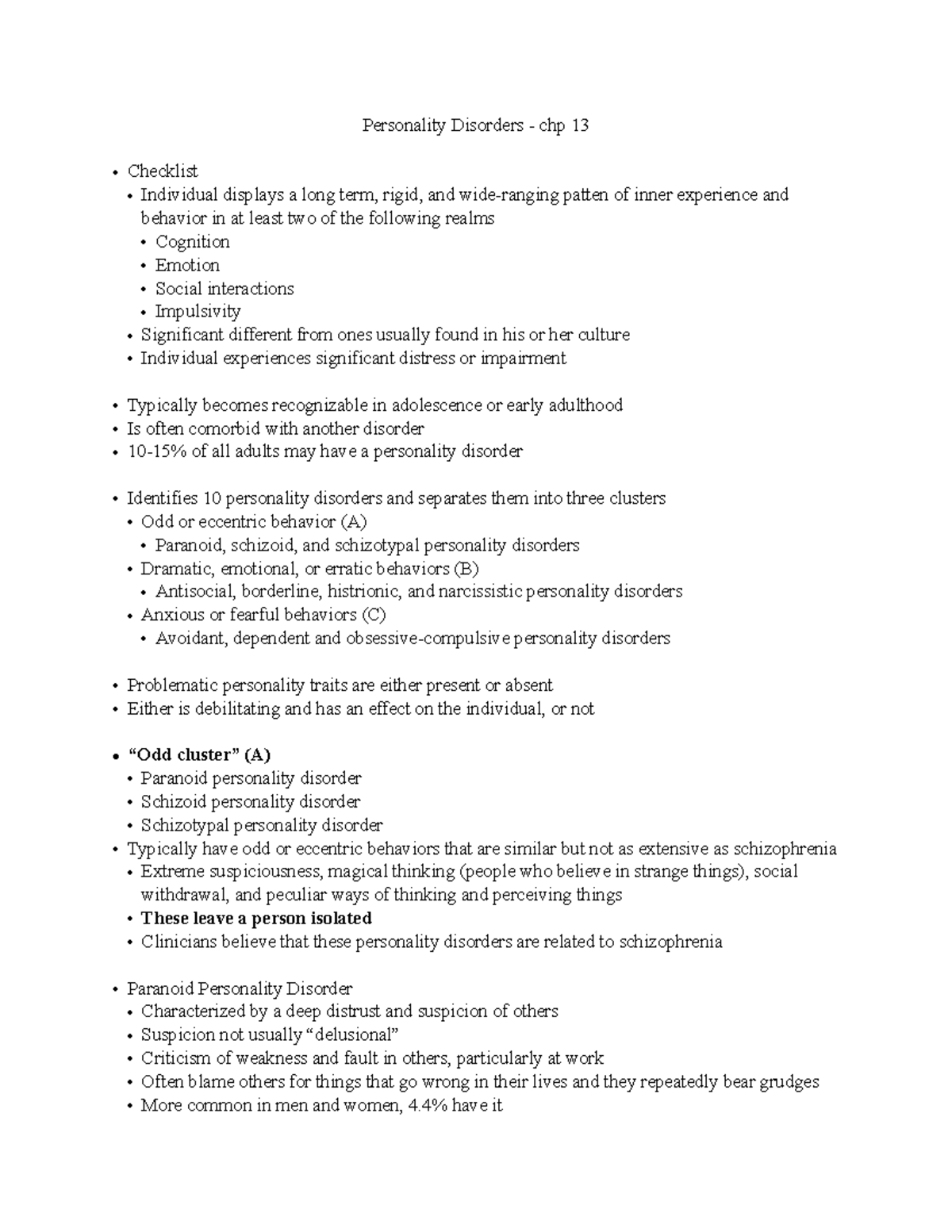 Abnormal Psych Personality Disorders - Personality Disorders - chp 13 ...