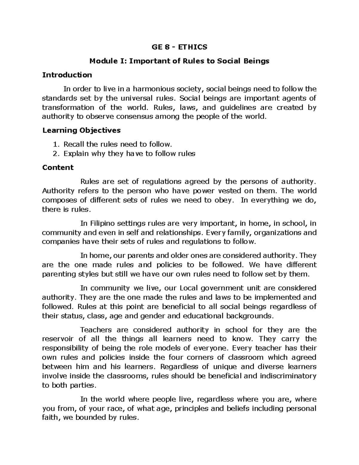 Ethics GE 8 - Module I - GE 8 - ETHICS Module I: Important of Rules to ...