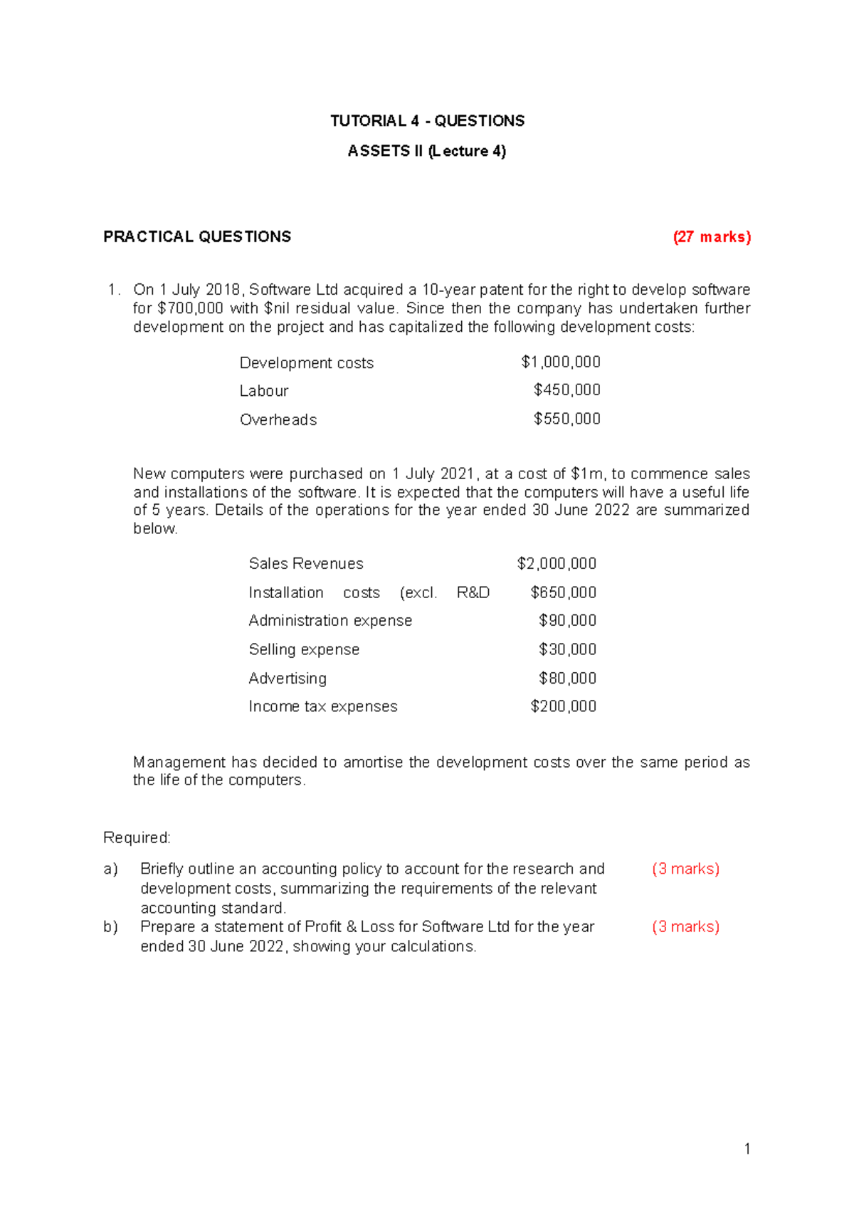 AYB200-2020-1 L4 Tutorial Questions - TUTORIAL 4 - QUESTIONS ASSETS II (Lecture 4) PRACTICAL ...