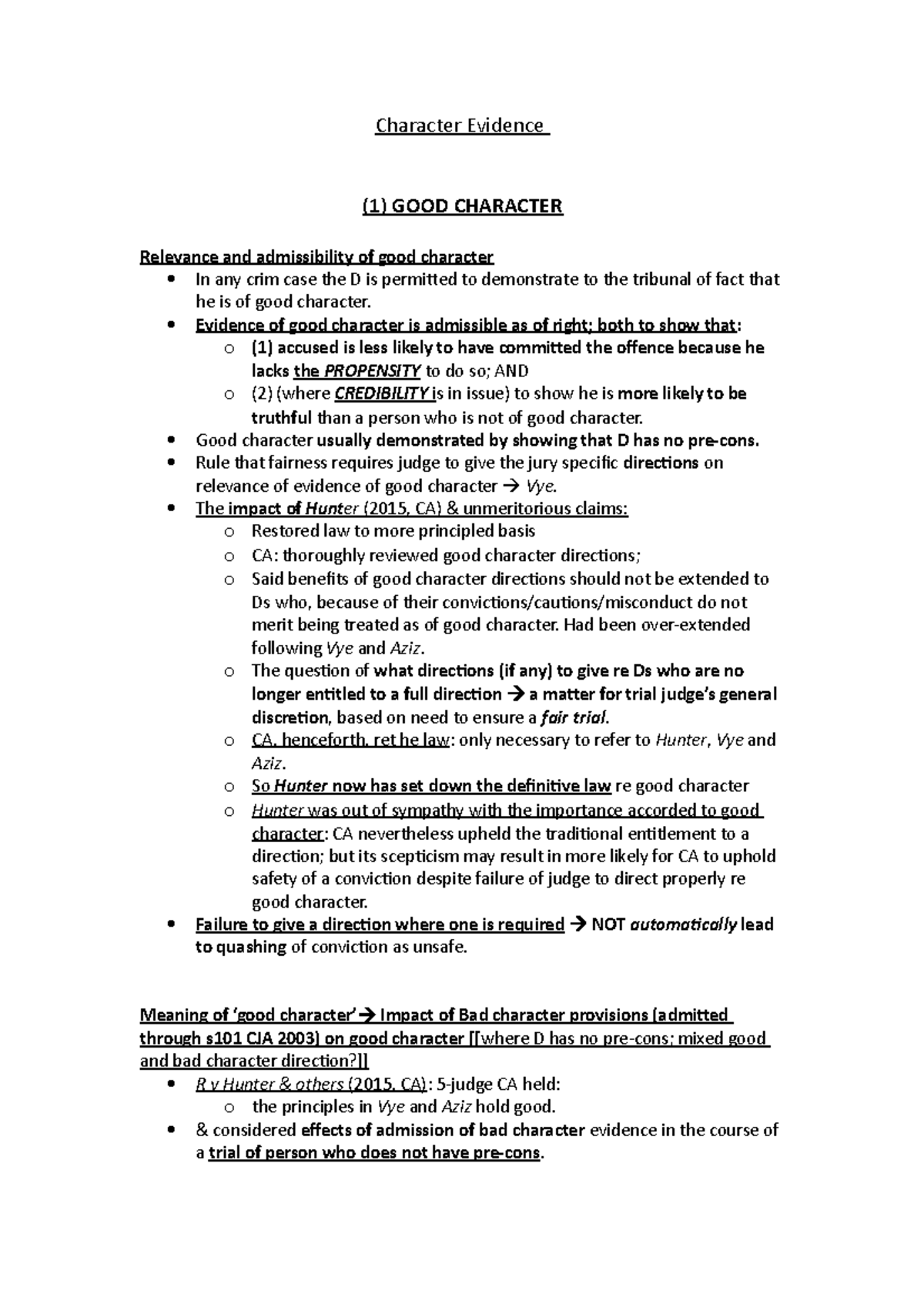 Character evidence - Character Evidence (1) GOOD CHARACTER Relevance ...