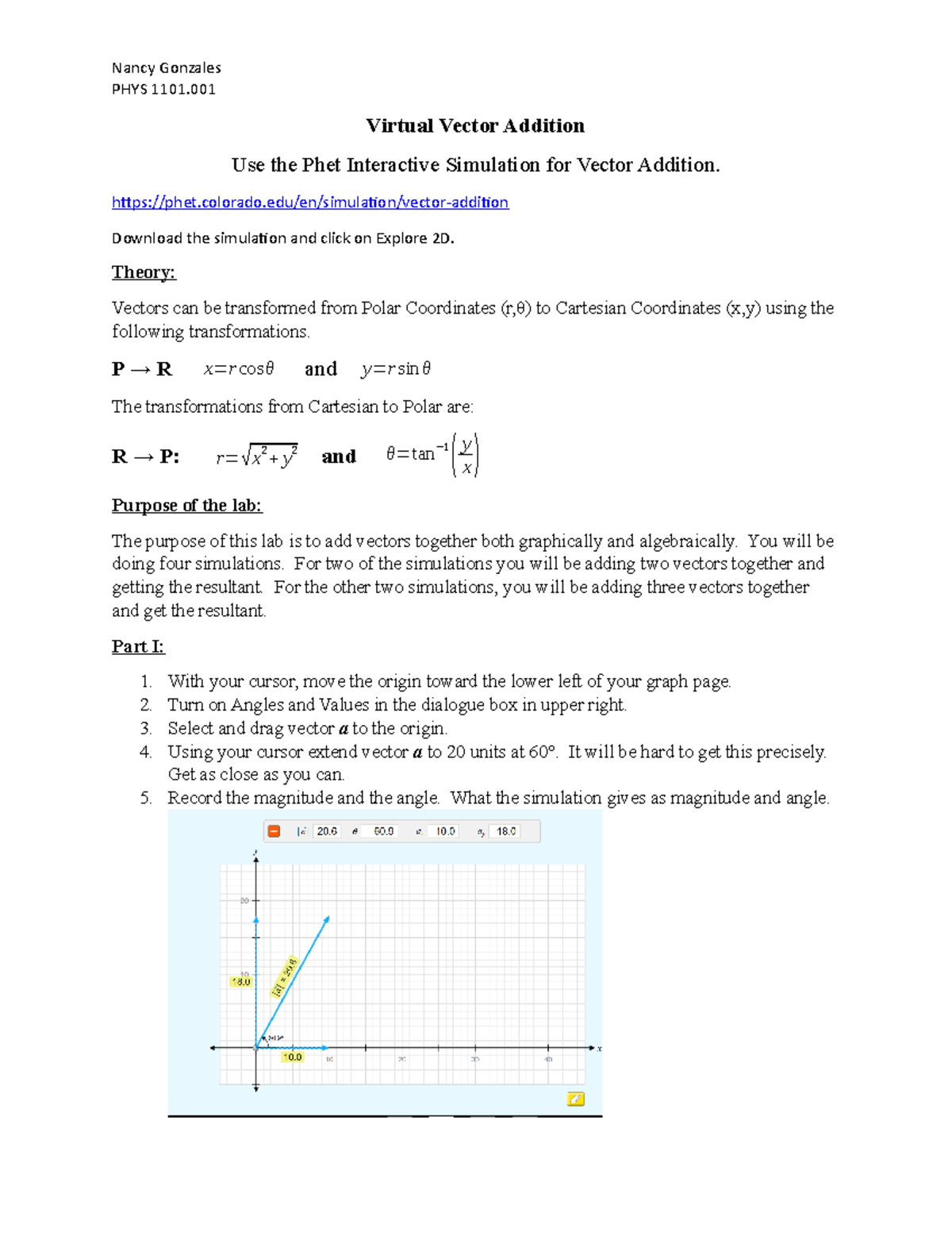 Lab 4 1101.001 Virtual Vector Addition Nancy Gonzales - PHYS 1101 ...