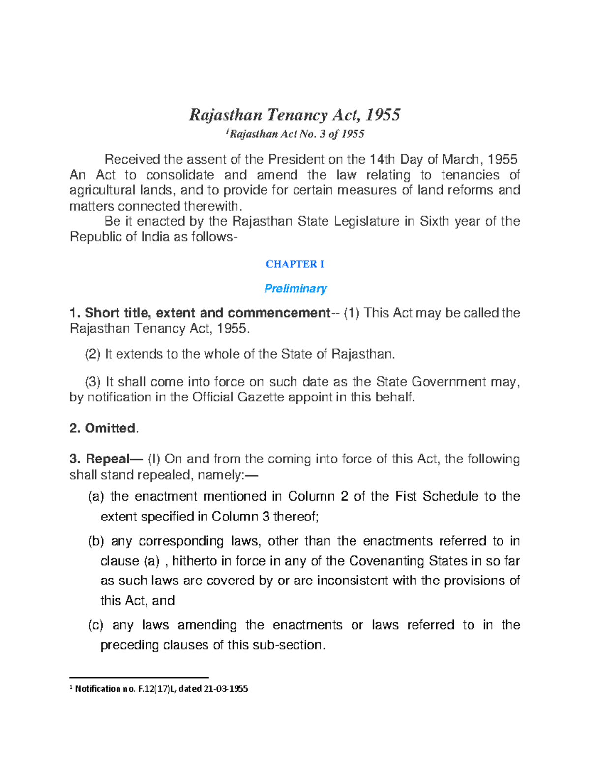 Rajasthan Tenancy Act, 1955 - Rajasthan Tenancy Act, 1955 1 Rajasthan Act No. 3 of 1955 Received ...