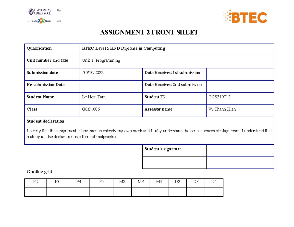 1 Unit 1 - Assignment 2 frontsheet - ASSIGNMENT 2 FRONT SHEET Qualification BTEC Level 5 HND ...