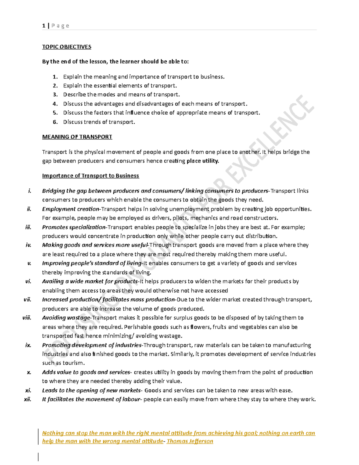 Transport - REVISION - TOPIC OBJECTIVES By the end of the lesson, the ...