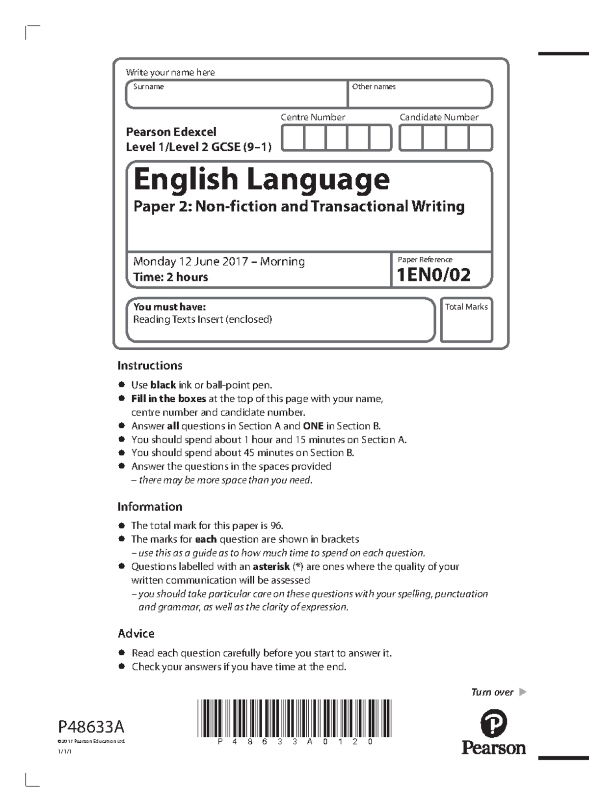June 2017 QP - Paper 2 Edexcel English Language GCSE - Centre Number ...