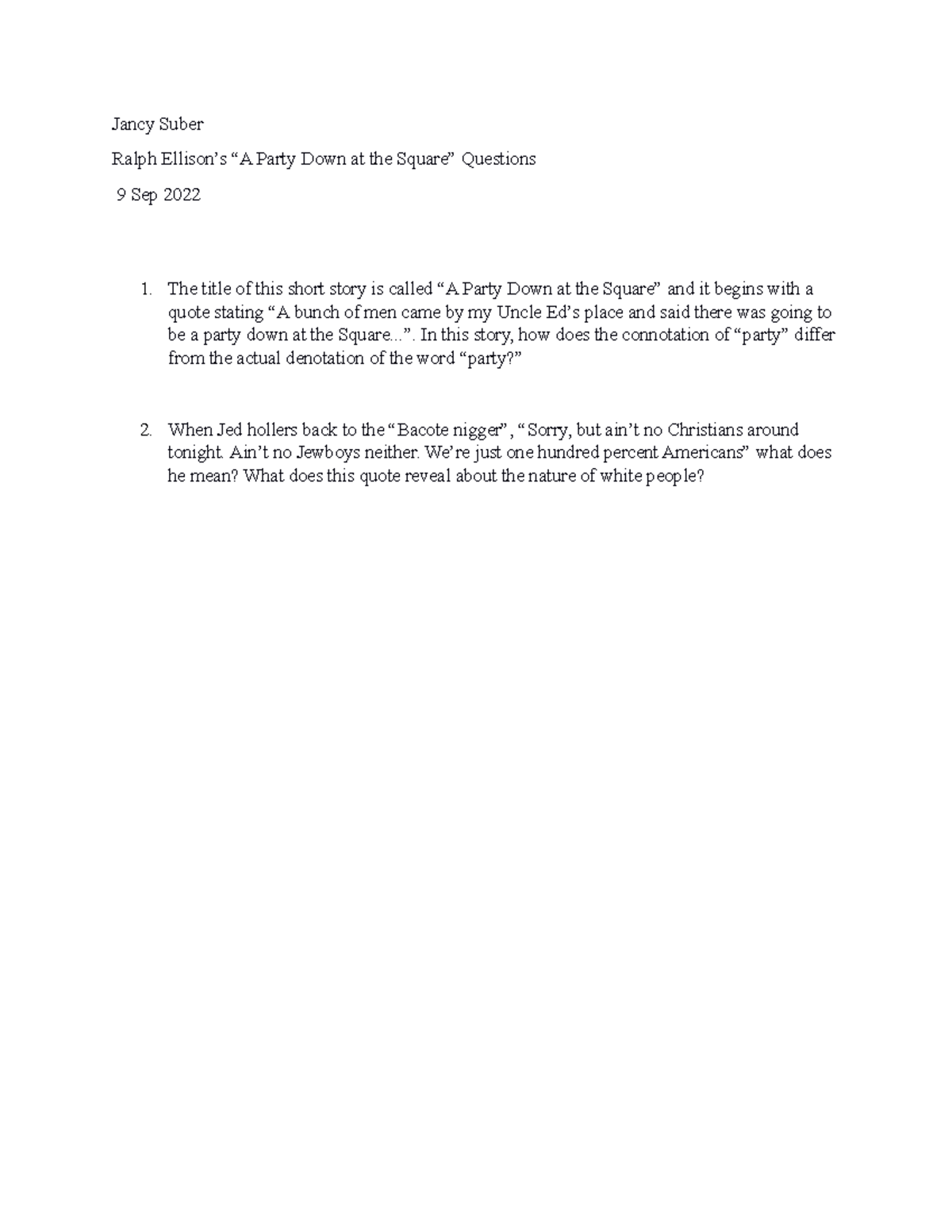 A Party Down at the Square Questions - Jancy Suber Ralph Ellison’s “A ...
