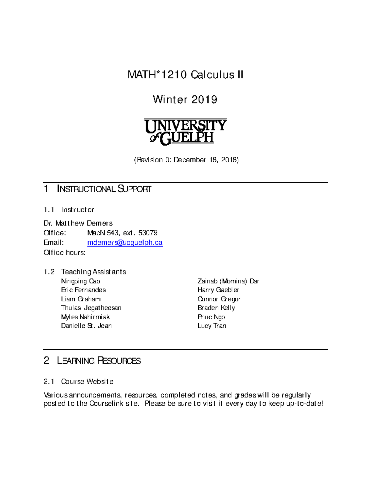 MATH1210-Course Outline-W19 - MATH*1210 Calculus II Winter 2019 ...