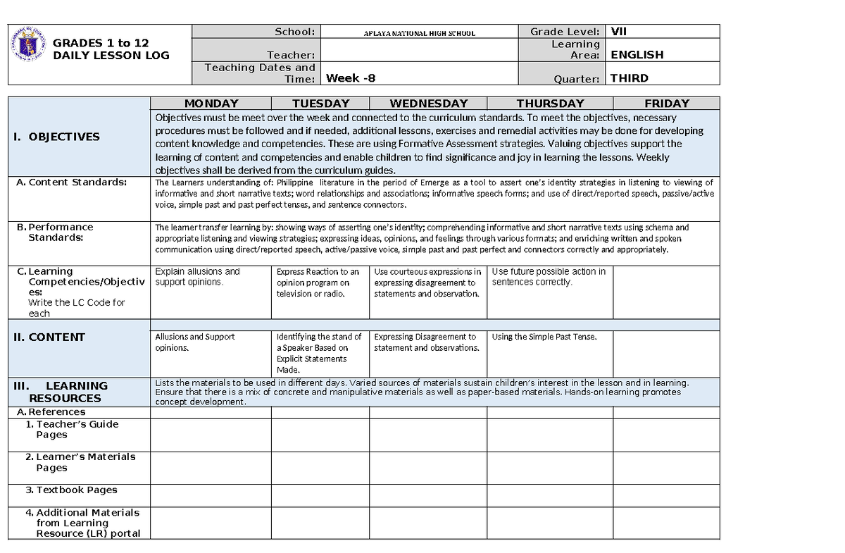 DLL-W8 - none - GRADES 1 to 12 DAILY LESSON LOG School: APLAYA NATIONAL HIGH SCHOOL Grade Level ...