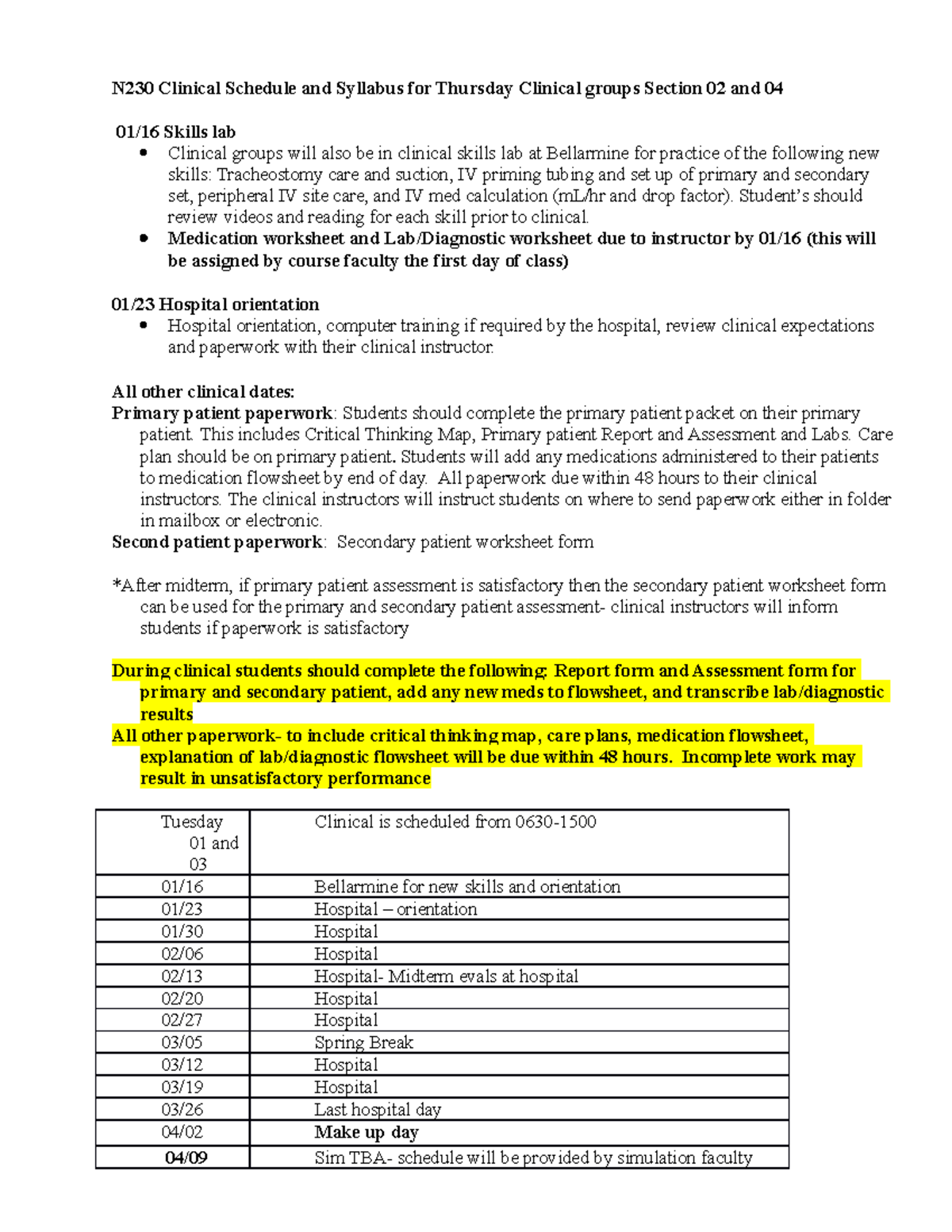 N230 Clinical Syllabus Student Section 02 and 04 - N230 Clinical ...