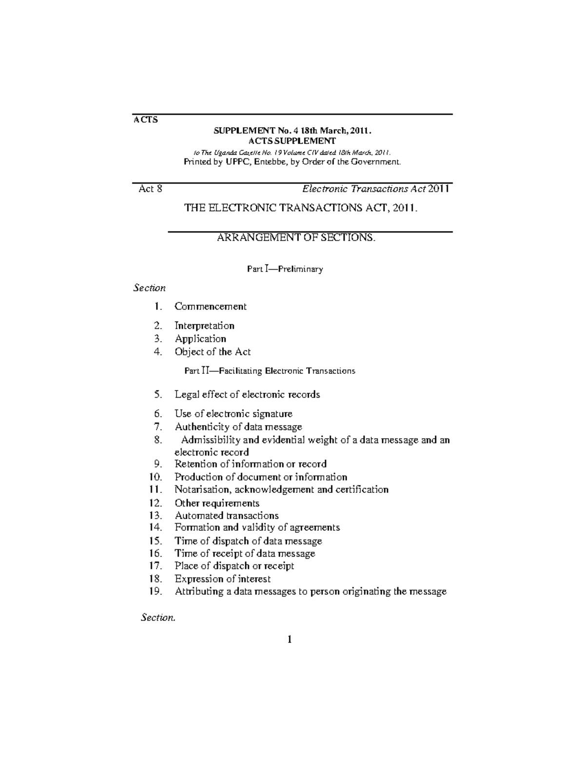 Electronic Transactions Act - Section. ACTS SUPPLEMENT No. 4 18th March ...