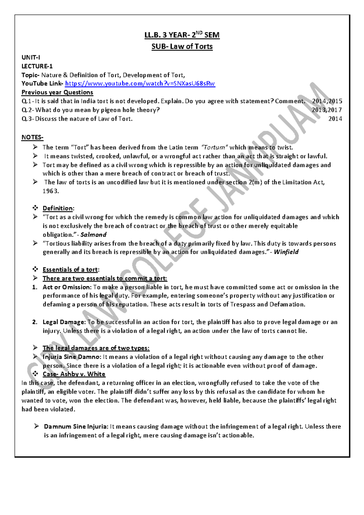 LAW OF TORT full - LL. 3 YEAR- 2ND SEM SUB- Law of Torts UNIT-I LECTURE ...