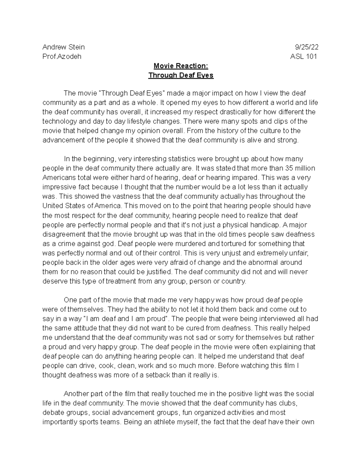 Movie Reaction Through Deaf Eyes - Andrew Stein 9/25/ Prof ASL 101 ...