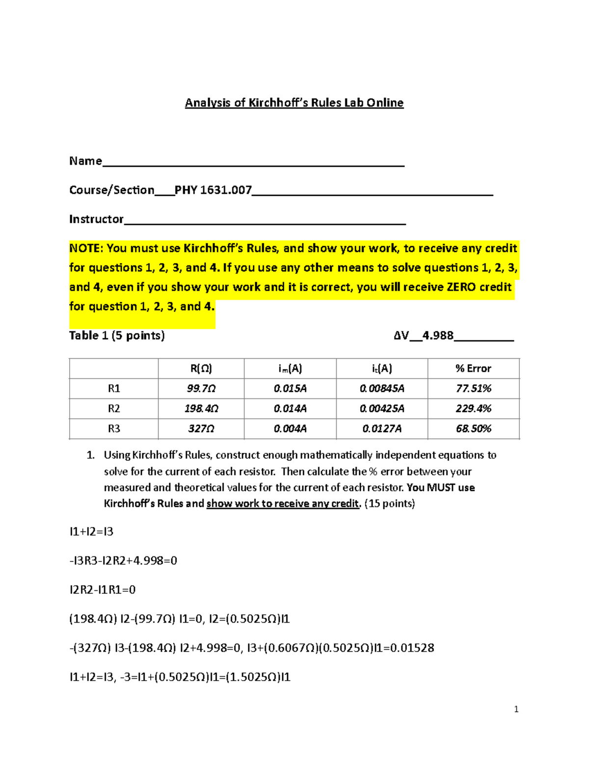 Fall2023 Kirchhoffs Rules Lab Online-1 Share - Analysis of Kirchhoff’s Rules Lab Online - Studocu