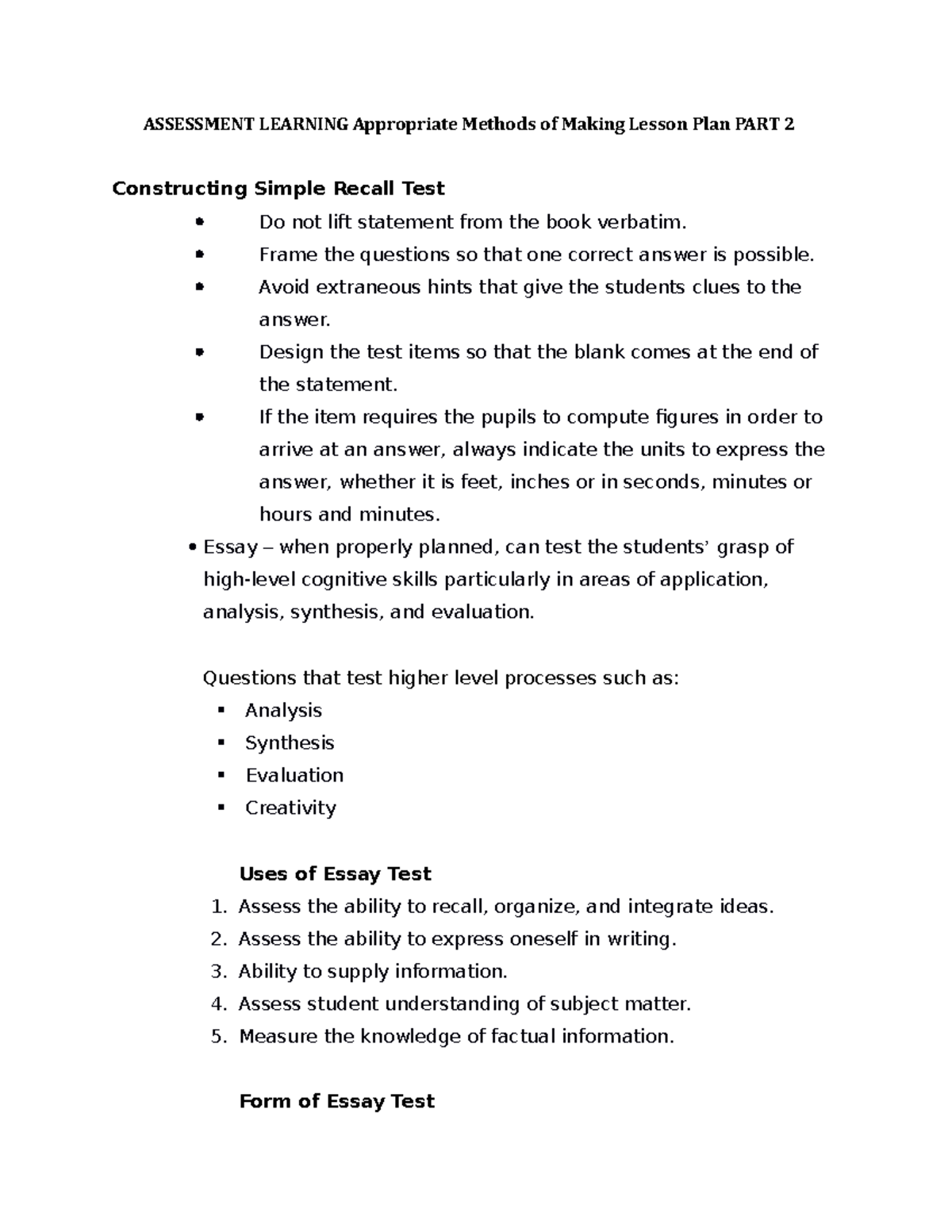 Assessment Learning Appropriate Methods of Making Lesson Plan PART 2 ...