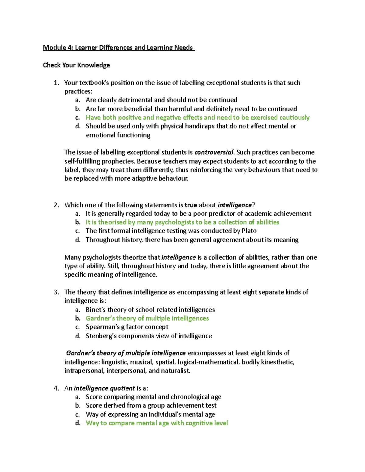 Module 4 - Quiz Prep - quiz prep - Module 4: Learner Differences and ...