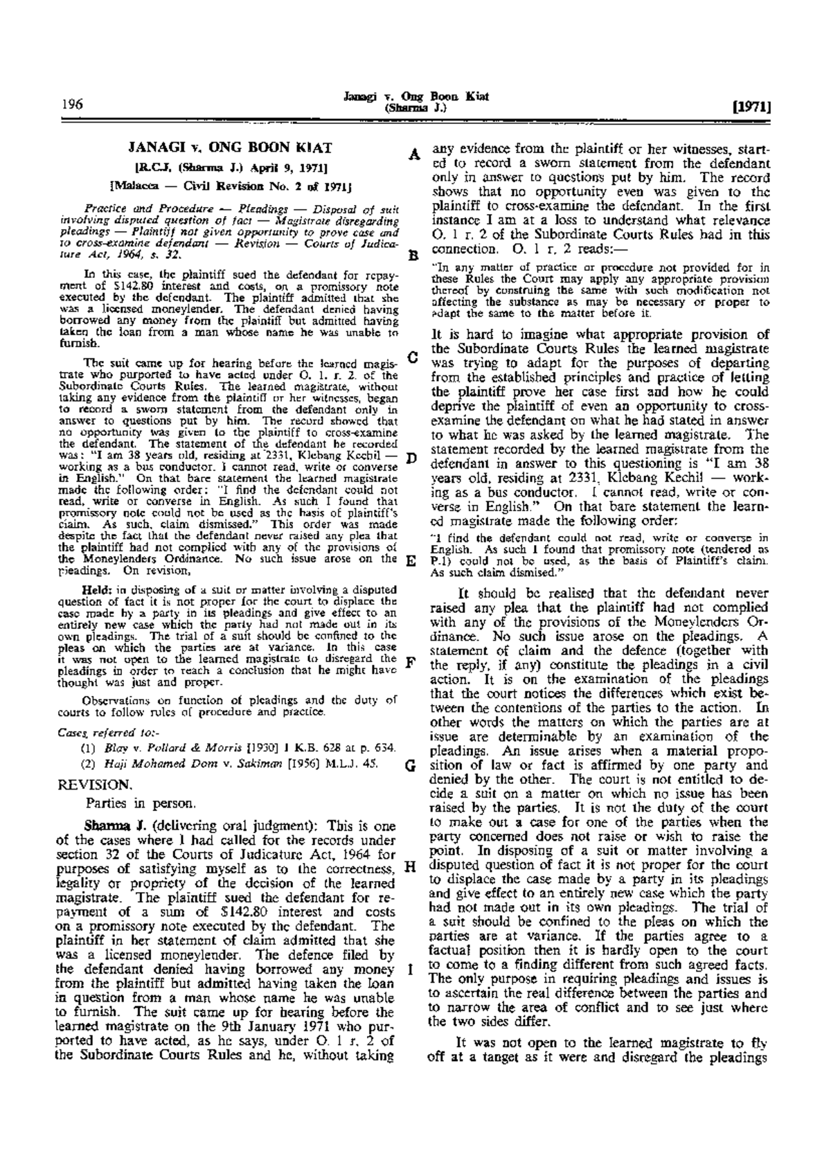 Janagi v ONG BOON KIAT, [1971] 2 MLJ 196 - Janagi V. Ong Boon Kiat 196 ...