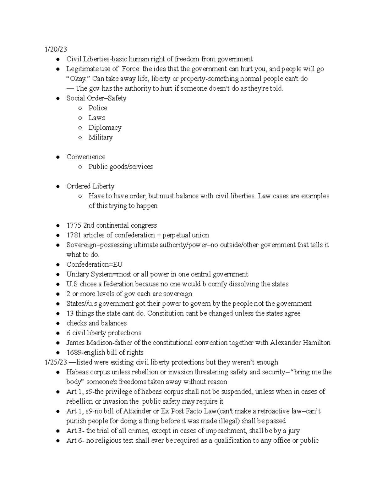 POl 374 Lecture Notes - 1/20/ Civil Liberties-basic human right of ...