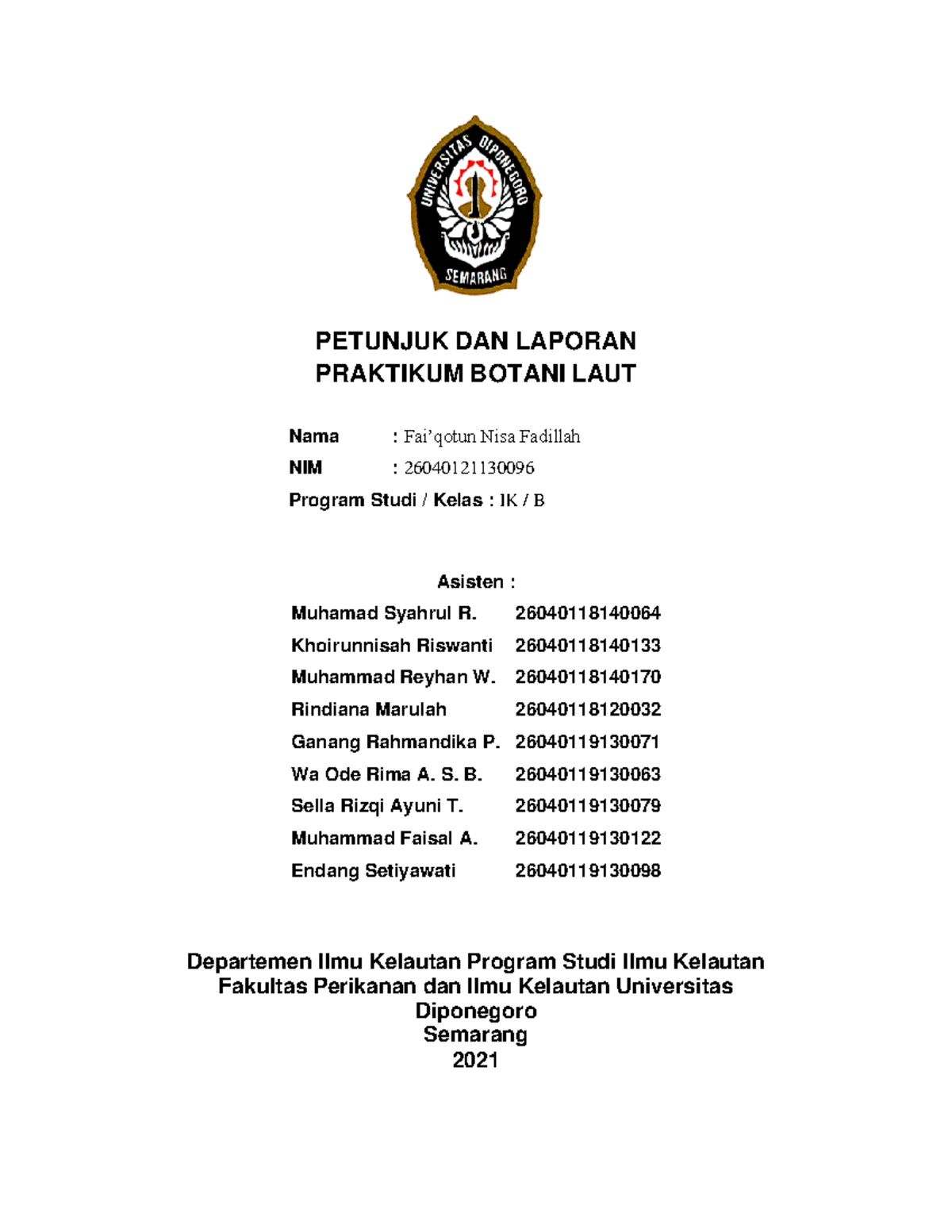 Fai'qotun Nisa F 26040121130096 Laprak Botani Lamun Herbarium - Botani ...