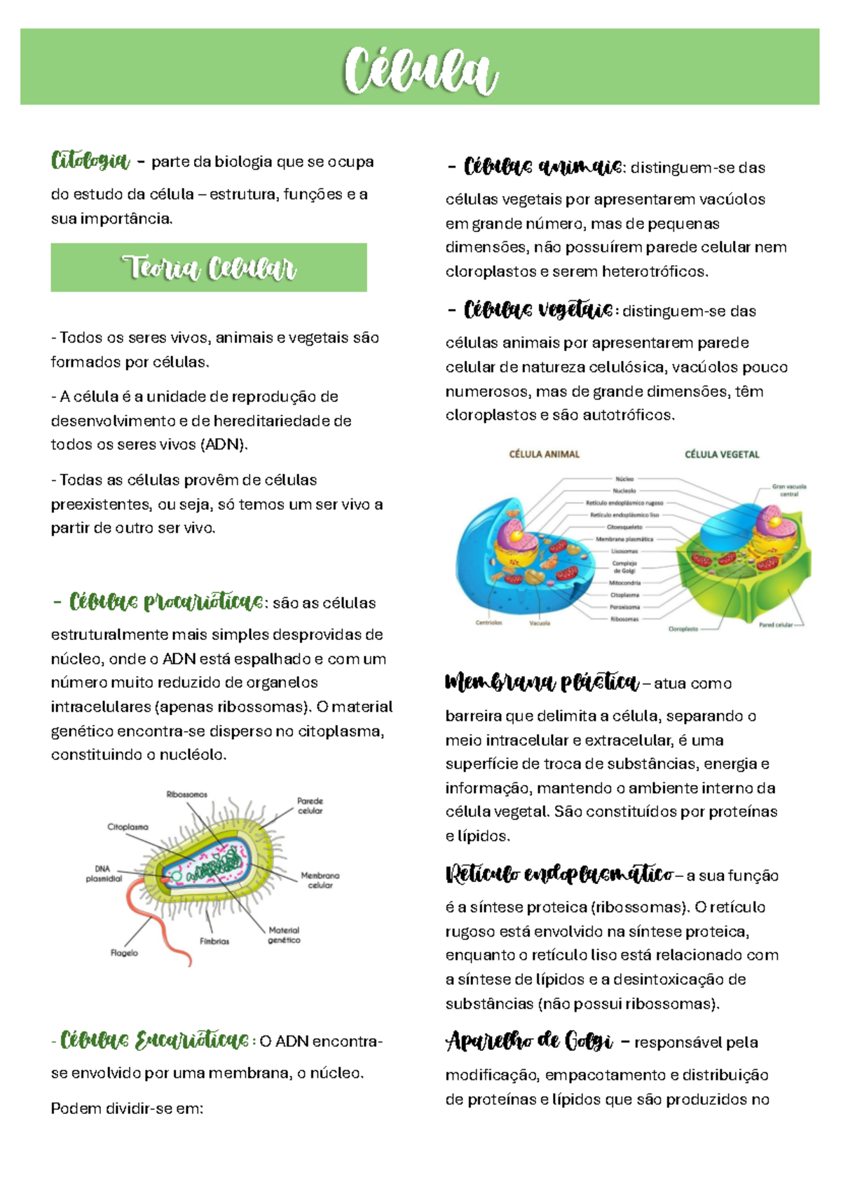 Resumo - Célula - Citologia – parte da biologia que se ocupa do estudo ...