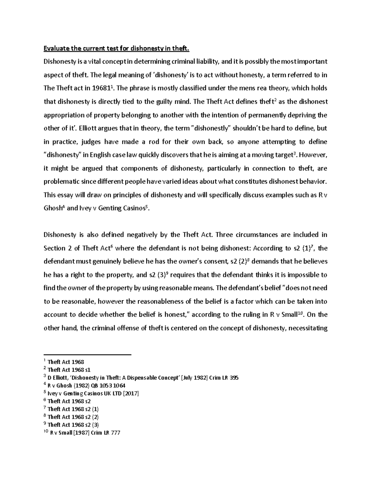 Criminal law-coursework - Evaluate the current test for dishonesty in ...