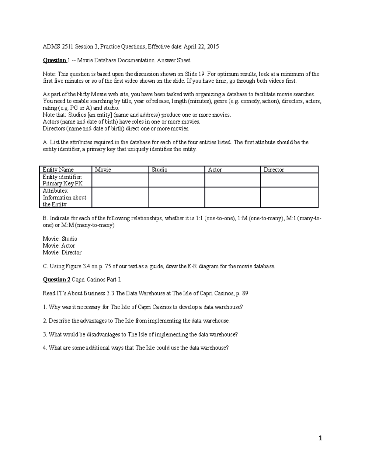 2511 S3 PPQ i - ADMS 2511 Session 3, Practice Questions, Effective date ... 2511 S3 PPQ i - ADMS 2511 Session 3, Practice Questions, Effective date ...