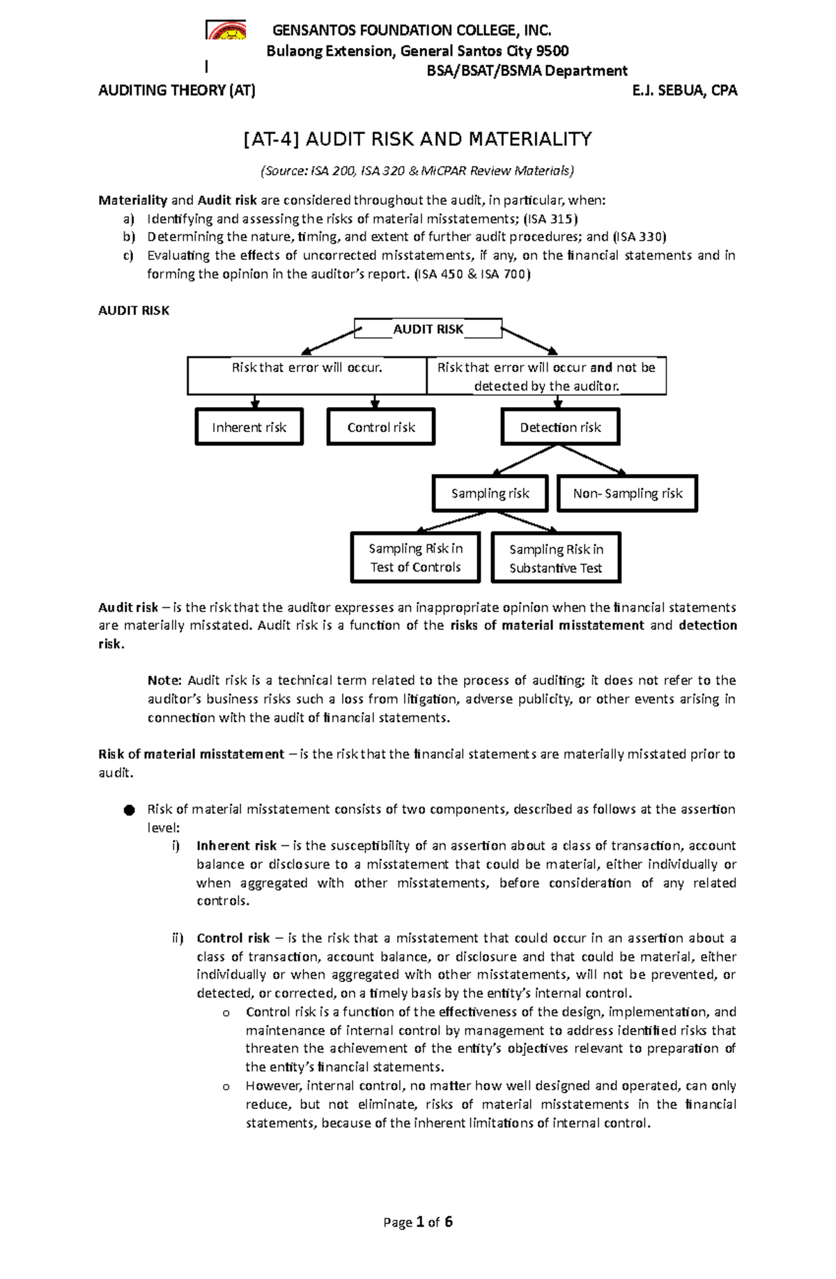 AT 4 Audit Risk and Materiality - GENSANTOS FOUNDATION COLLEGE, INC ...