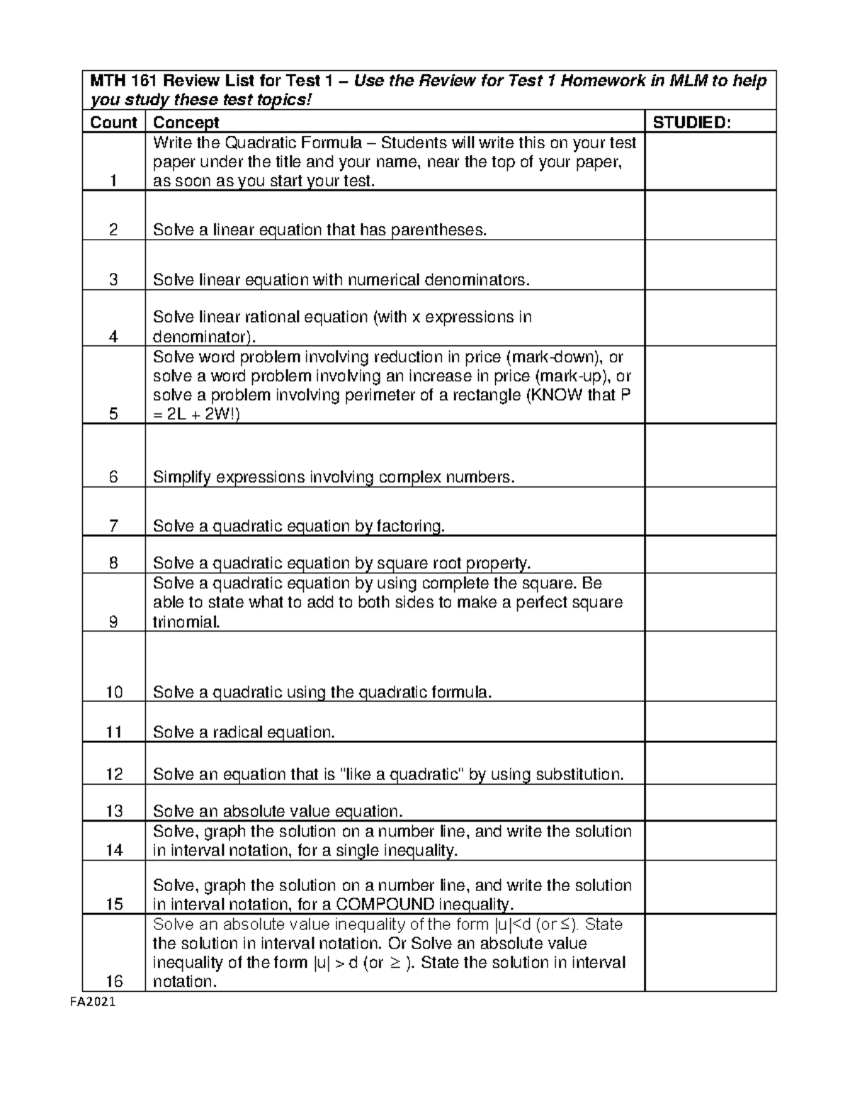 MTH 161 Review List for Test 1 Student Version fa21 - MTH 161 Review ...