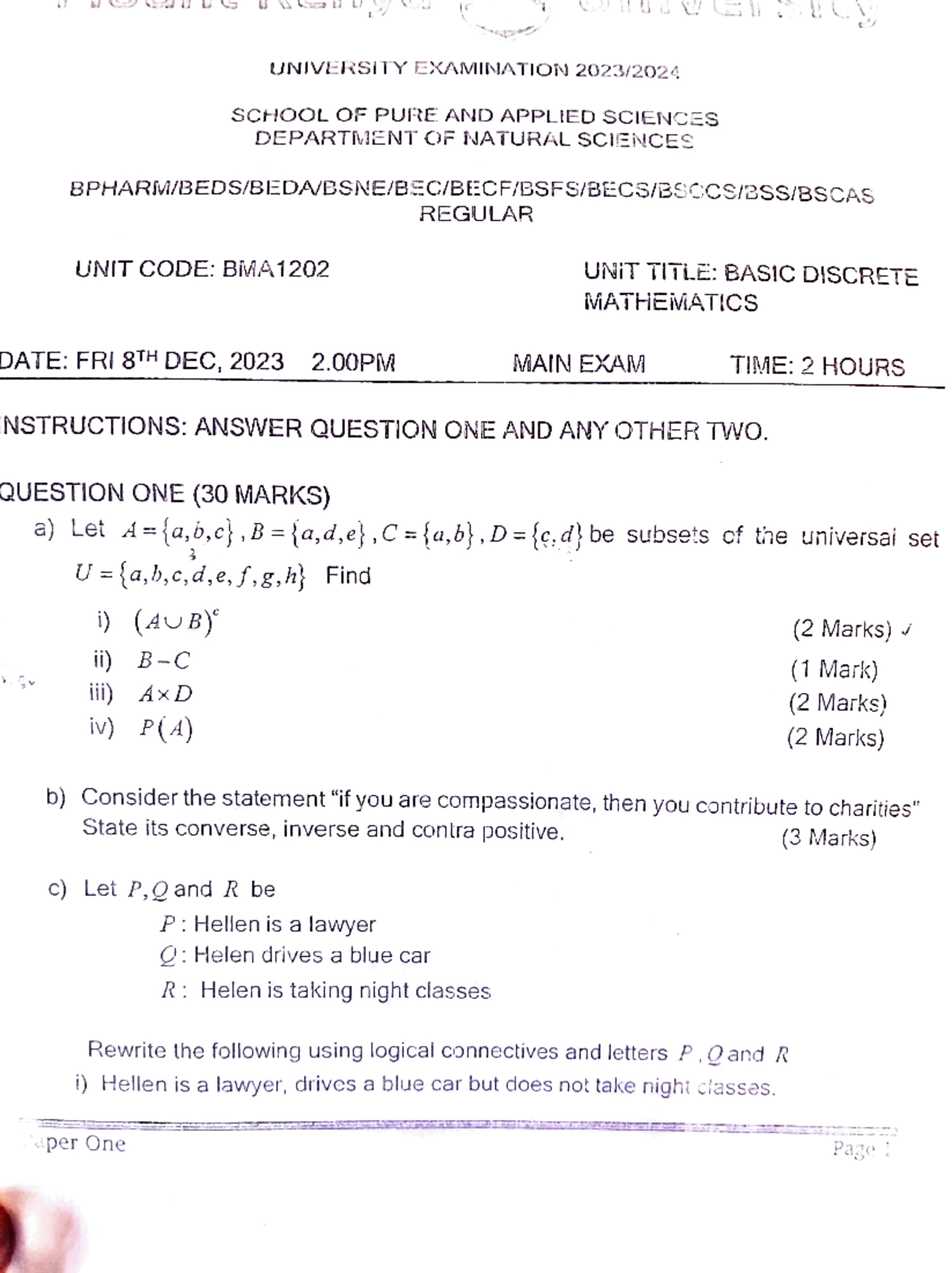 Basic Descrete Past Paperss - BPHARM/BEDS/BEDA/BSNE/BEC/BECF/BSFS/BECS ...