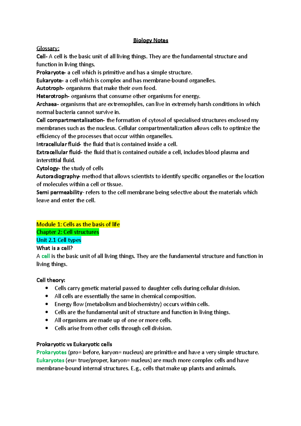 Biology half-yearly study notes- Module 1 - Biology Notes Glossary ...