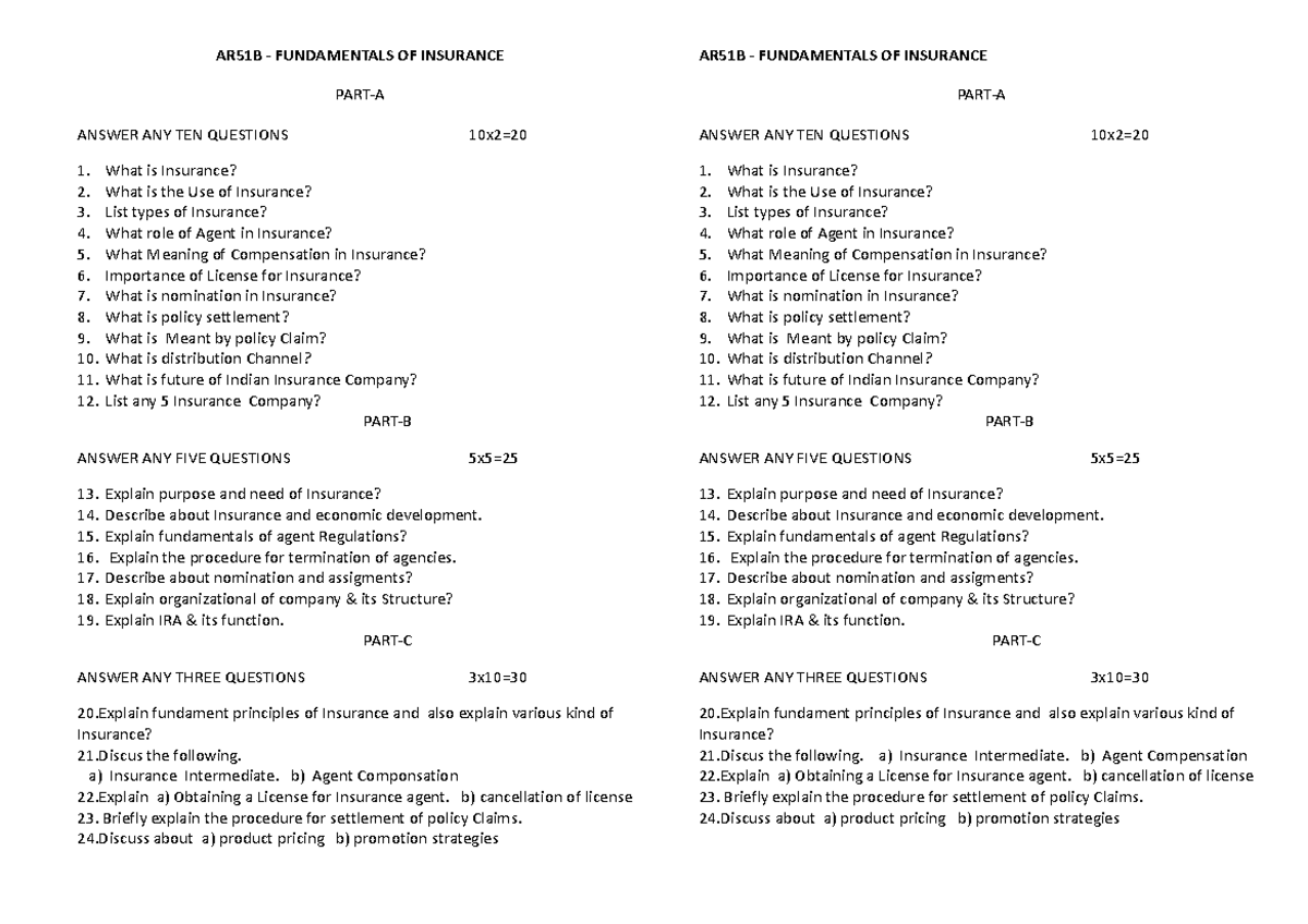Modelquestion paper co-1 - AR51B - FUNDAMENTALS OF INSURANCE PART-A ANSWER ANY TEN QUESTIONS ...