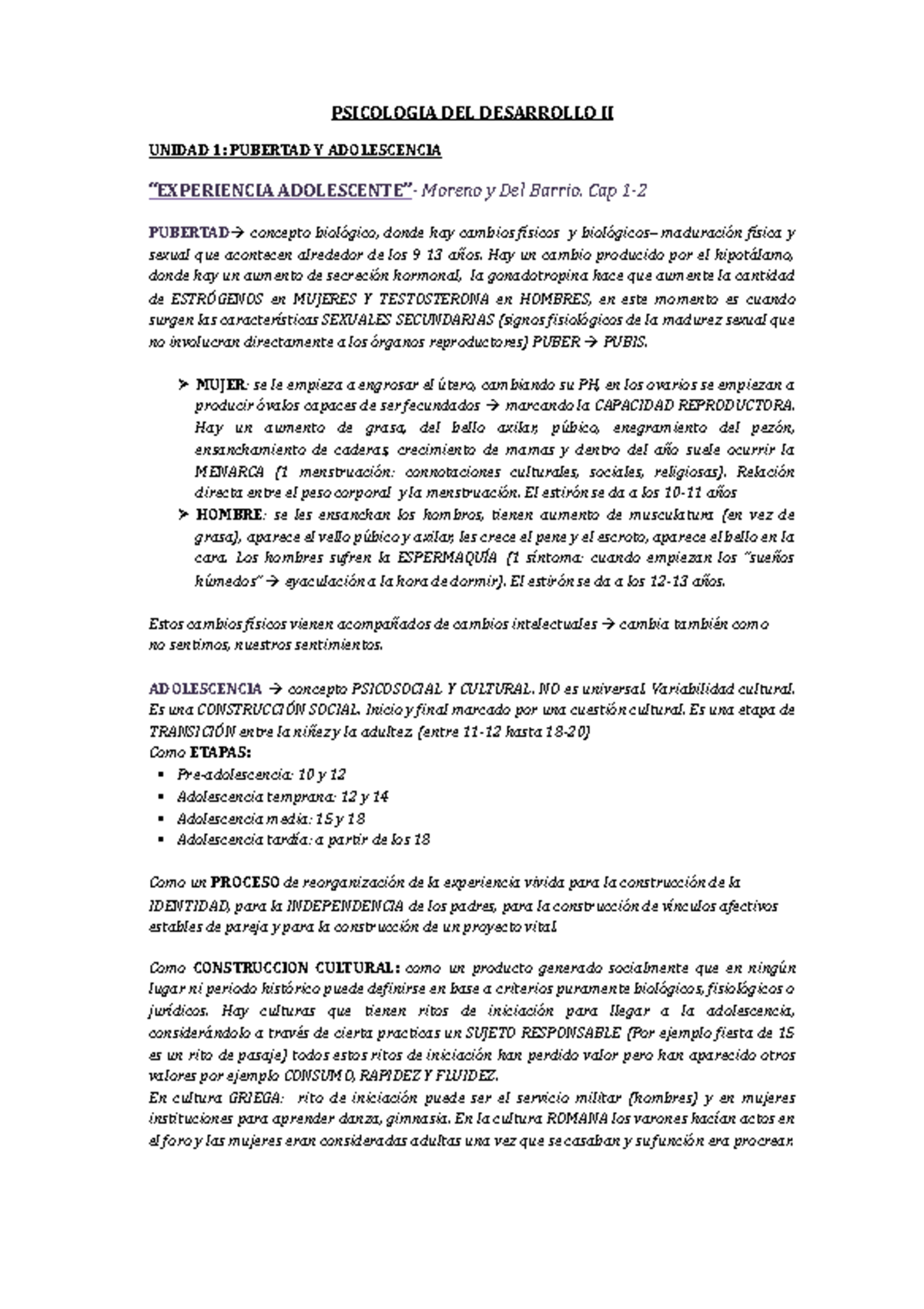 Carpeta- TODO Psicología del Desarrollo II - PSICOLOGIA DEL DESARROLLO II UNIDAD 1: PUBERTAD Y ...