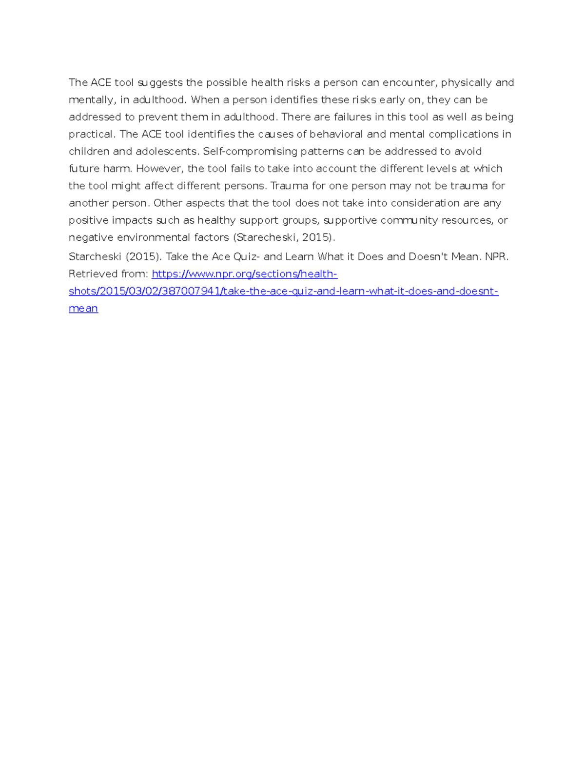 pcn488 trauma and assault - The ACE tool suggests the possible health ...