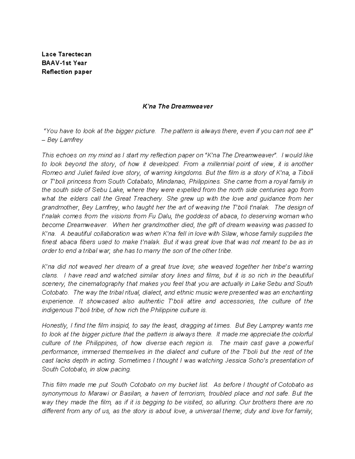 PComm Reflection paper of K na The Dream - Lace Tarectecan BAAV-1st ...