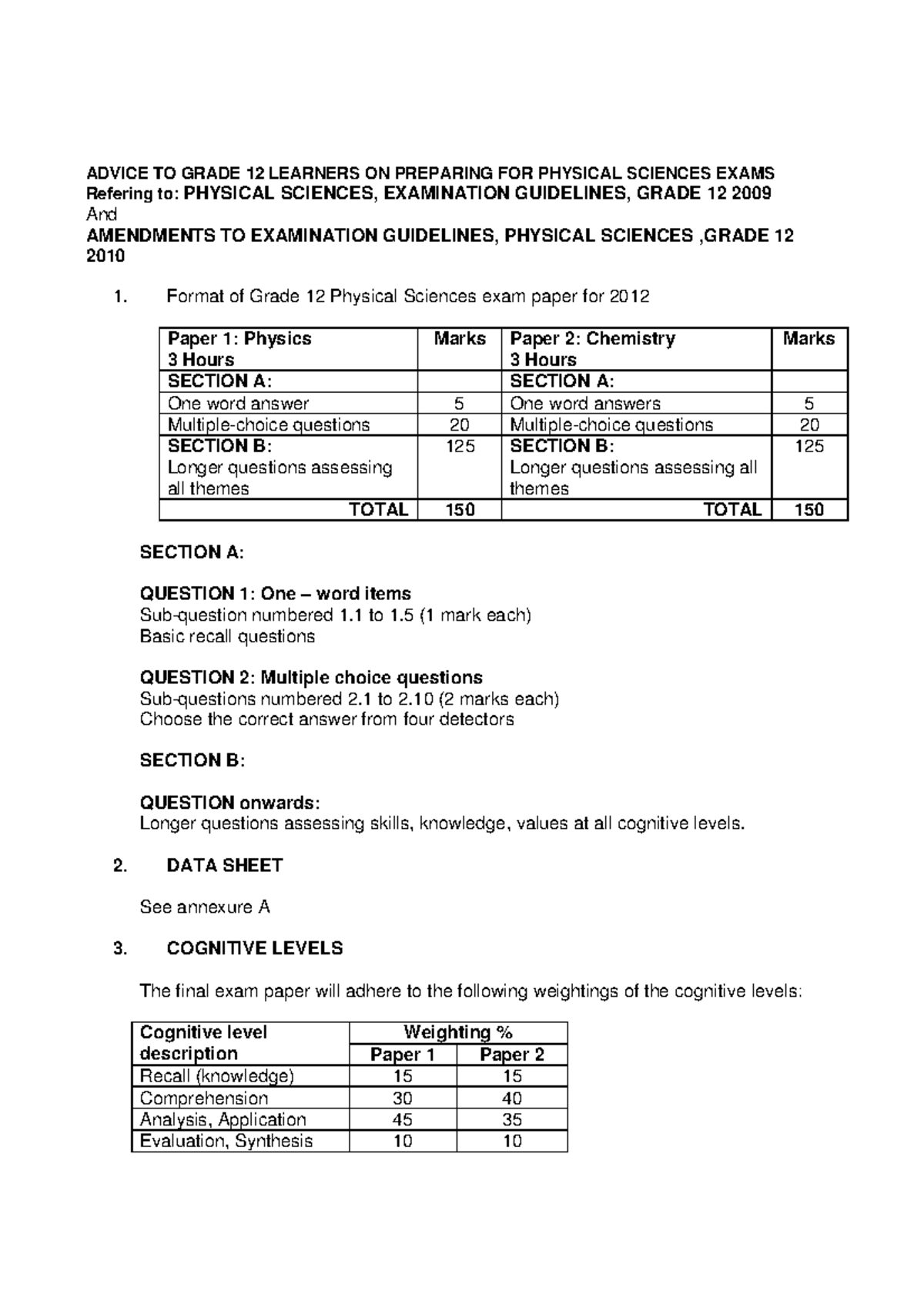 Physicalsciencesexaminationguidelines 1 - ADVICE TO GRADE 12 LEARNERS ...