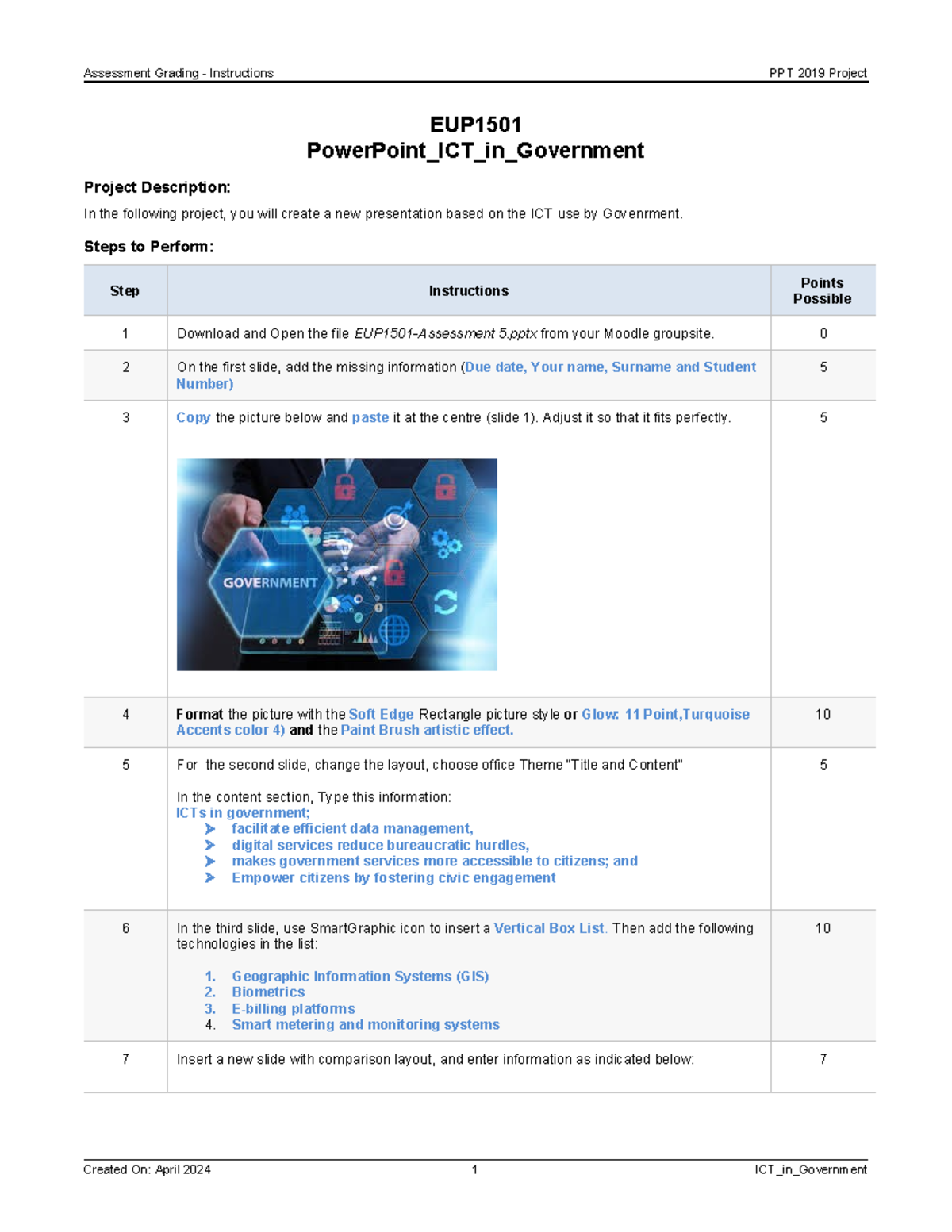 Document - Assessment Grading - Instructions PPT 2019 Project EUP PowerPoint_ICT_in_Government ...