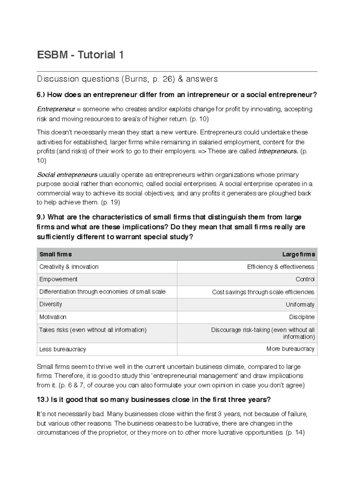 ESBM - Tut 1 answers to discussion questions - ESBM - Tutorial 1 Discussion questions (Burns, p ...