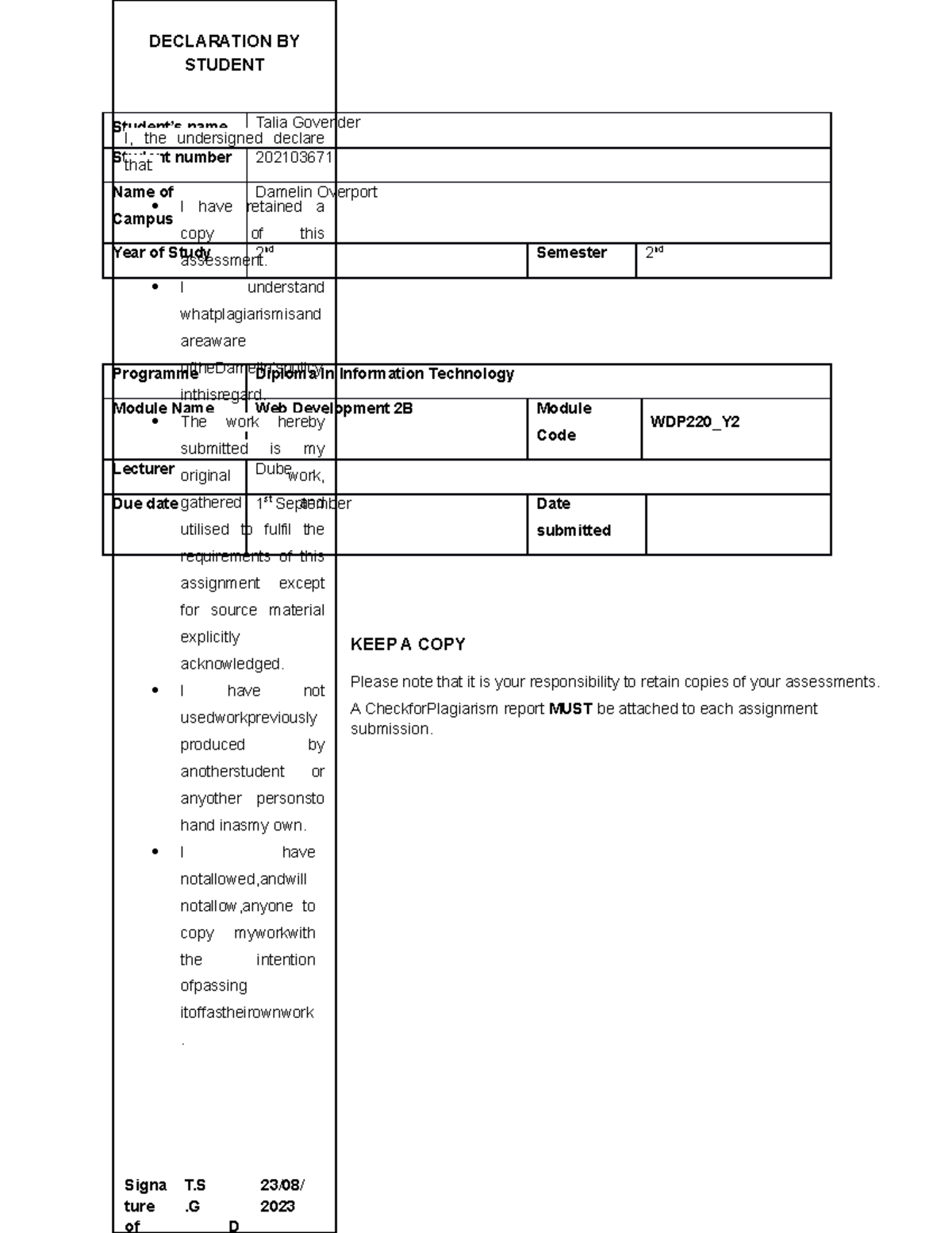 Web Development 2B Word Doc - Student’s name Talia Govender Student ...