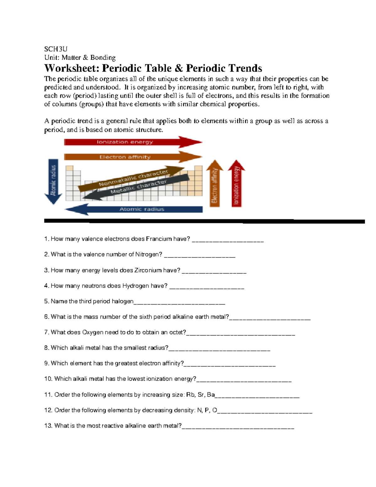 Periodicity worksheet - SCH 3 U Unit: Matter & Bonding Worksheet ...