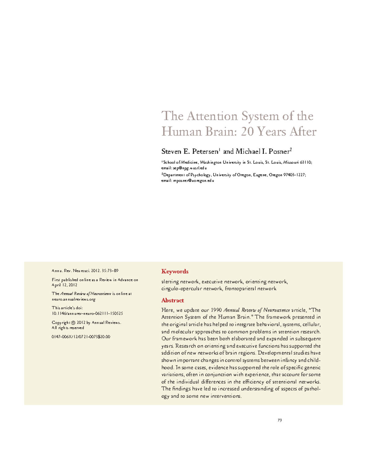 The Attention System of the Human Brain 20 Years After - Petersen 1 and ...