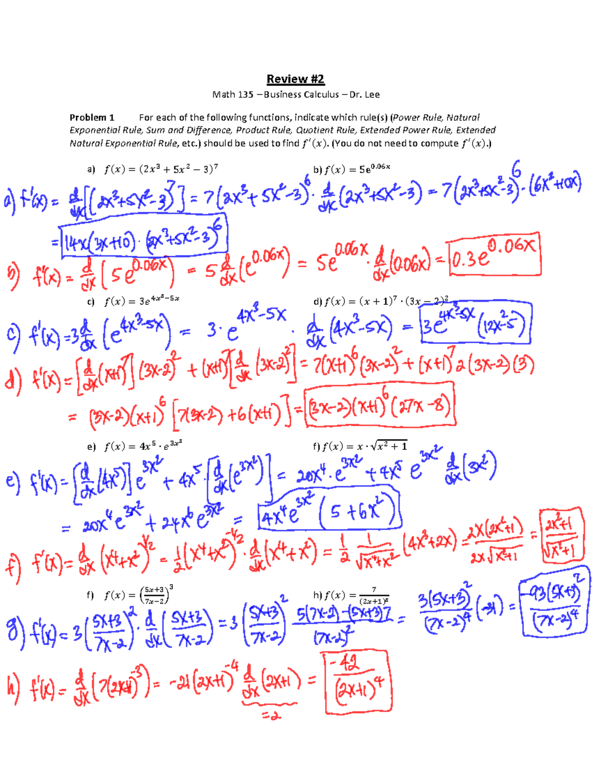 Review 2key - Review Math 135 – Business Calculus – Dr. Lee Problem 1 ...