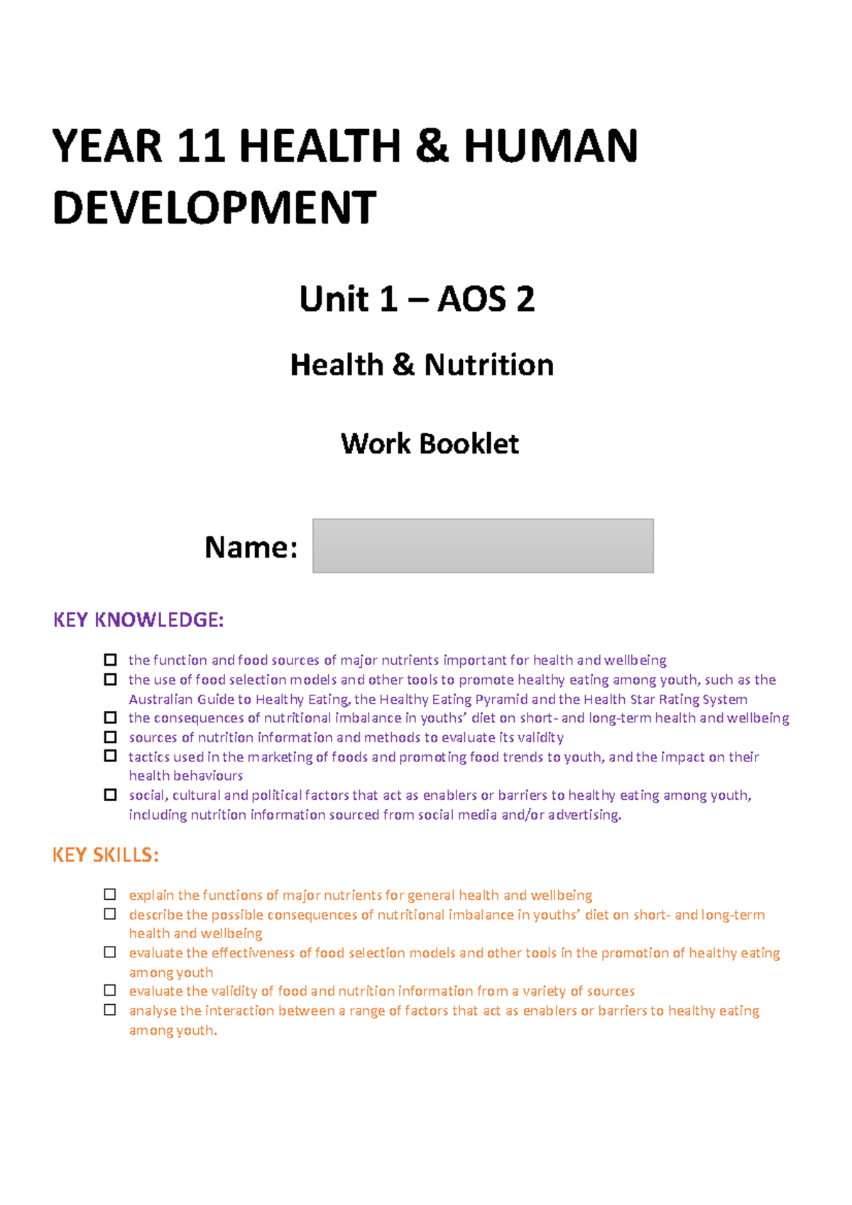 11 HHD - Unit 1 - Ao S 2 - Work booklet - YEAR 11 HEALTH & HUMAN DEVELOPMENT Unit 1 – AOS 2 ...