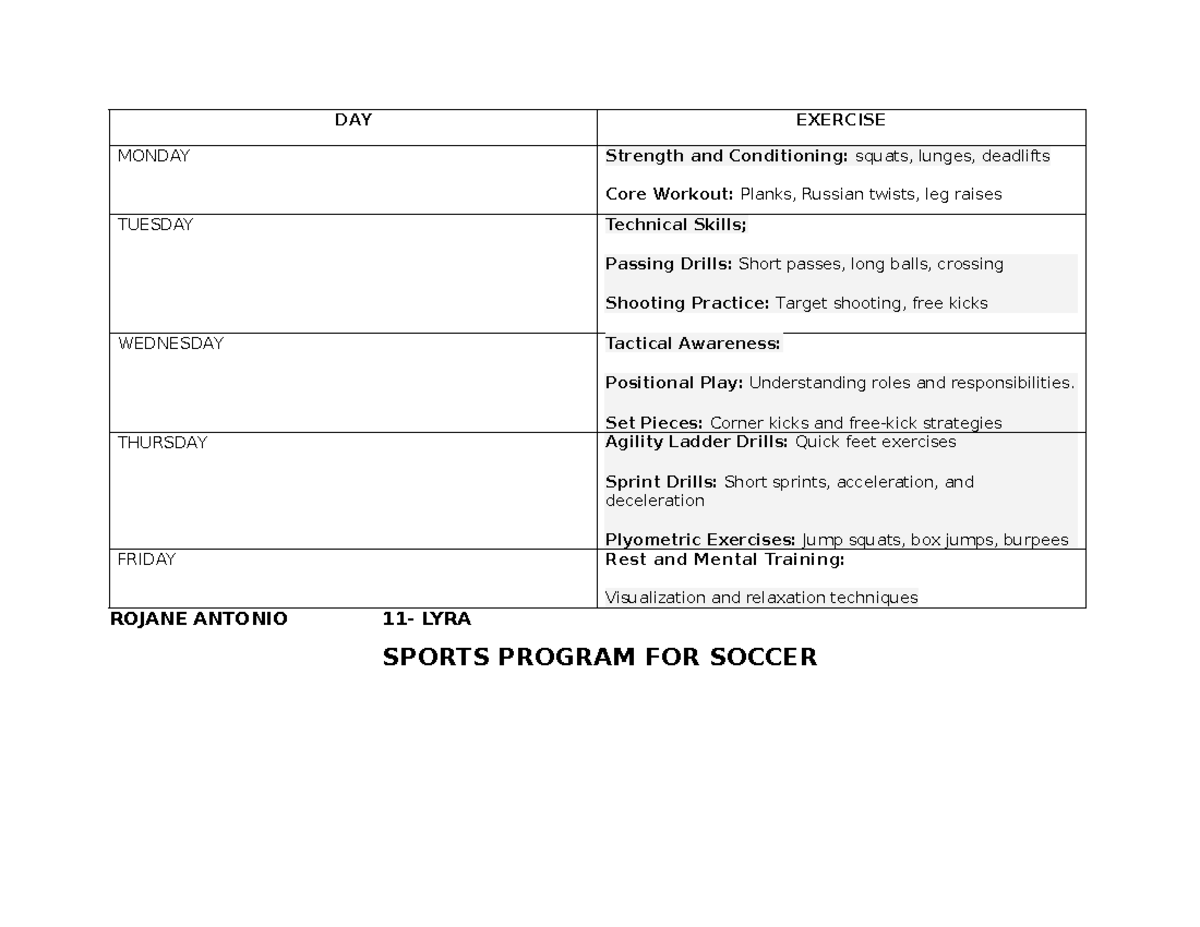 Sports Program - DAY EXERCISE MONDAY Strength and Conditioning: squats ...