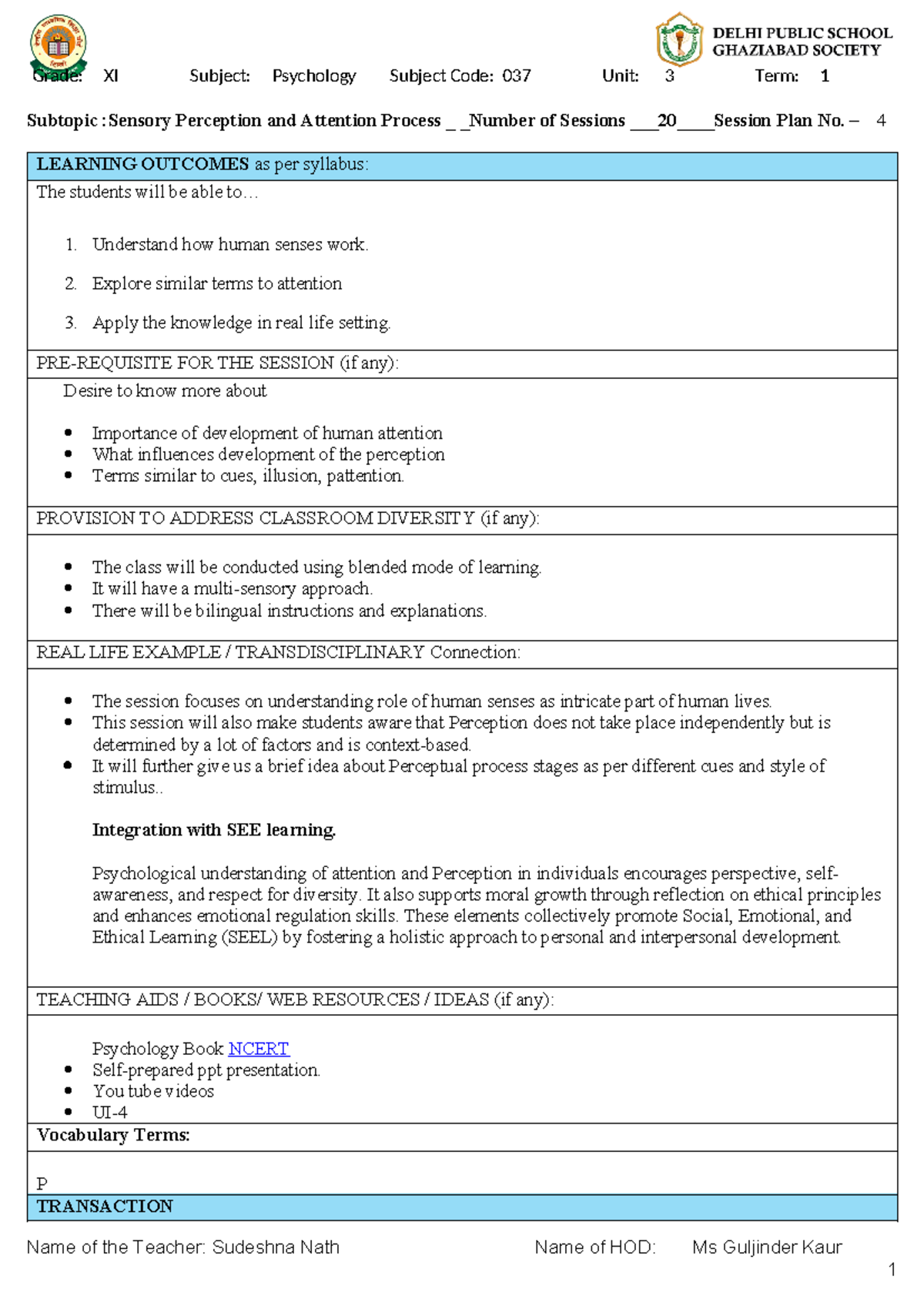 5th April sdn psy 11 5 - session plan - Grade: XI Subject: Psychology ...