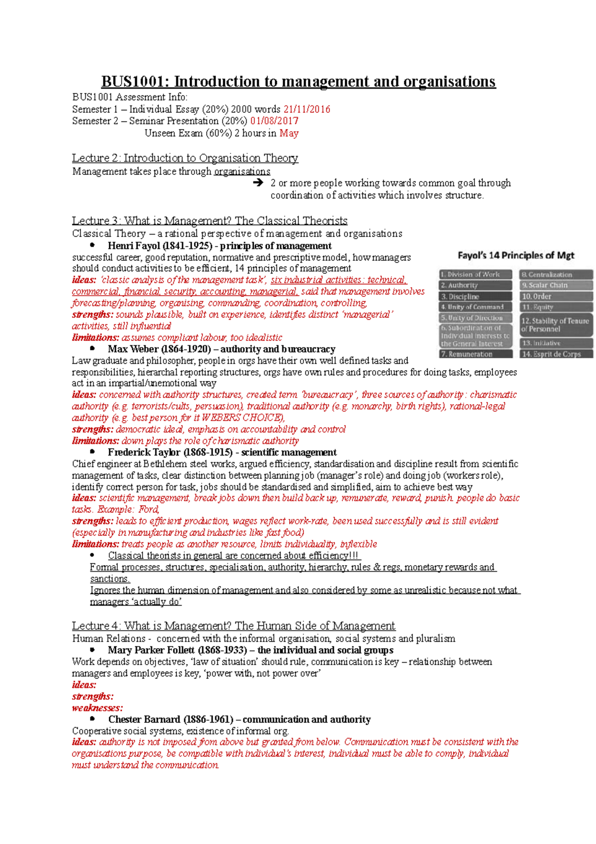 Lecture Notes - Introduction to Management and Organisation - BUS1001 ...